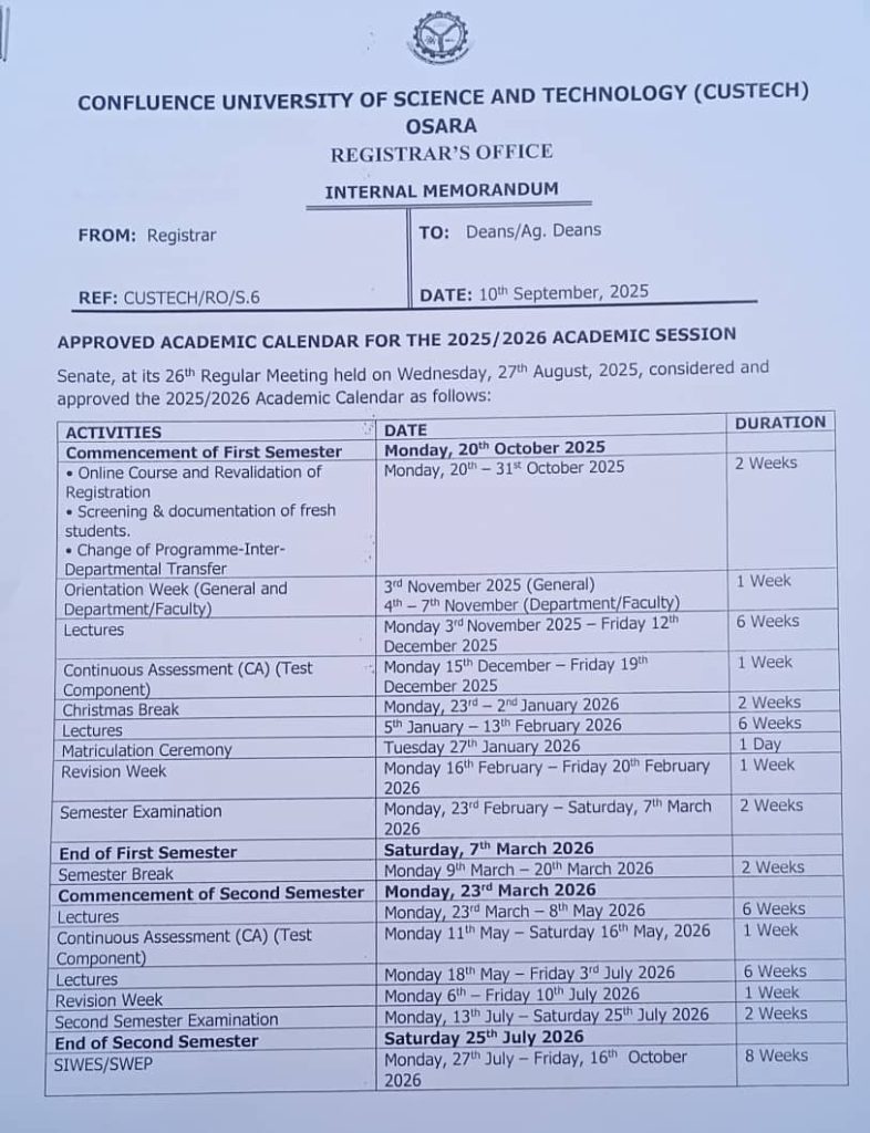 Adjusted 2025/2026 Academic Calender - Confluence University of Science ...
